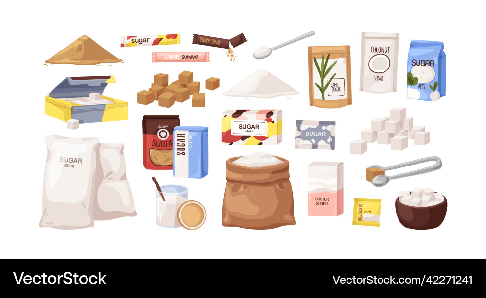 Sugar packs set granulated powder cubes Royalty Free Vector