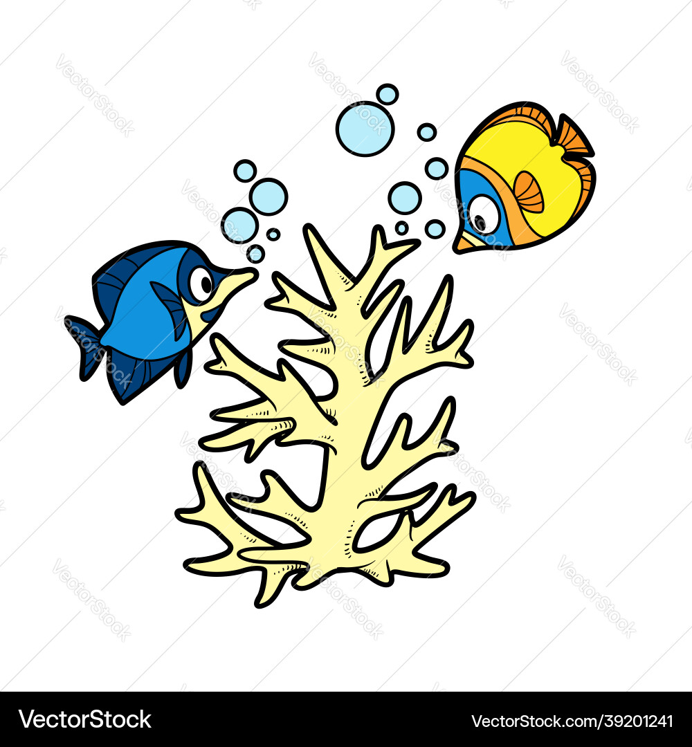 Tall coral with fish coloring book linear drawing Vector Image