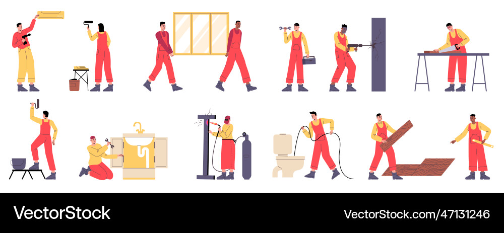 House renovation cartoon workers people Royalty Free Vector