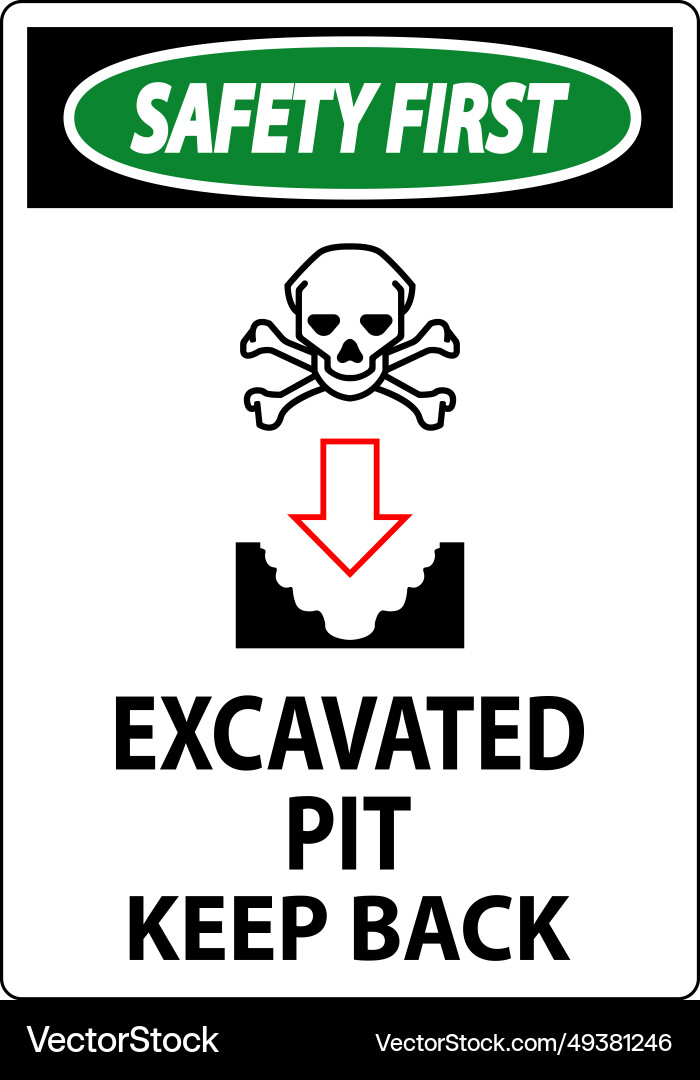 Safety first excavated pit sign Royalty Free Vector Image