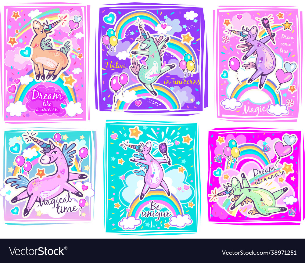 Posters set with unicorns and inspiring quotes Vector Image