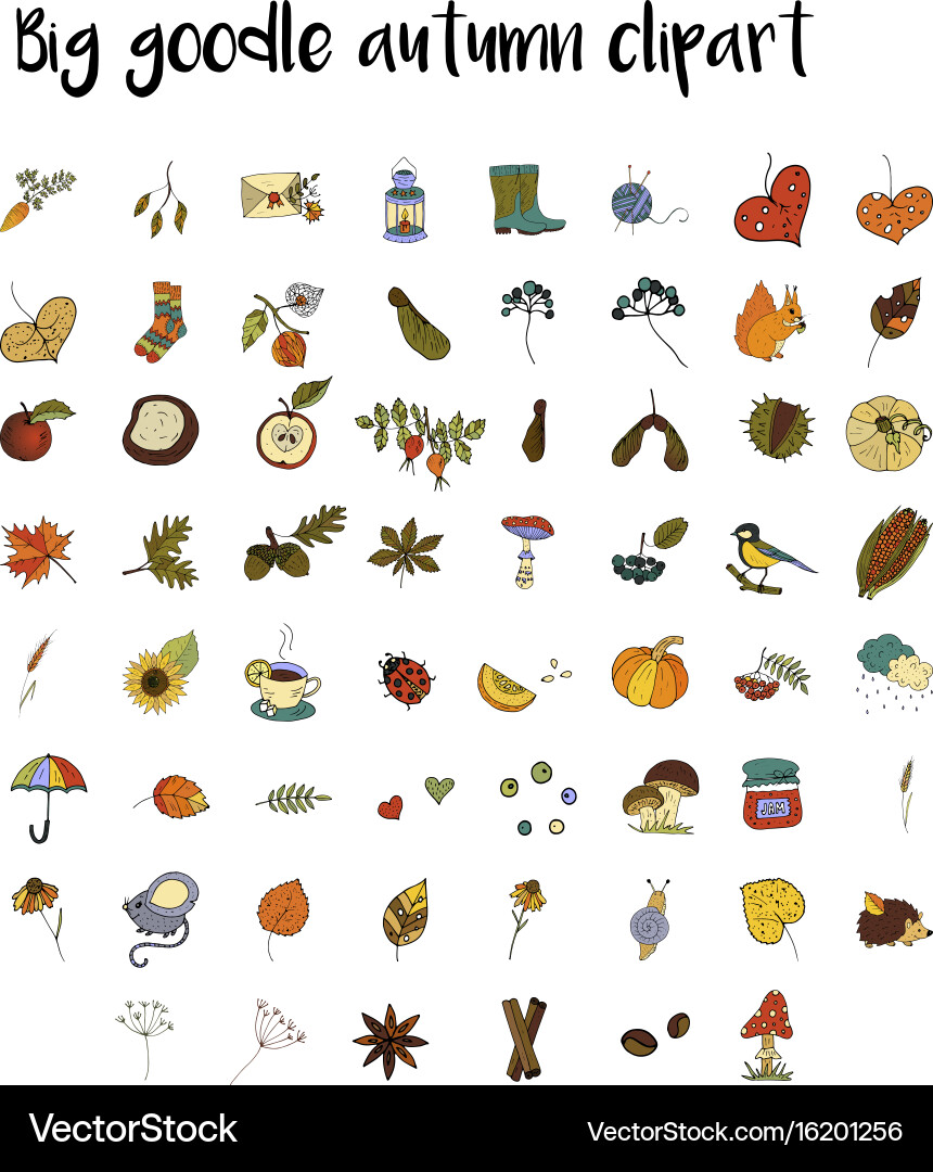 Big set handdrawn unique autumn icons Royalty Free Vector