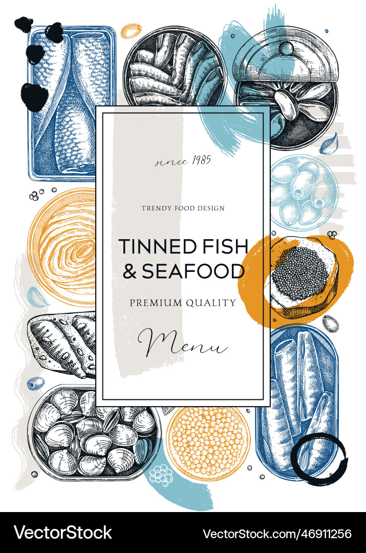 Collage-style canned fish frame design seafood Vector Image