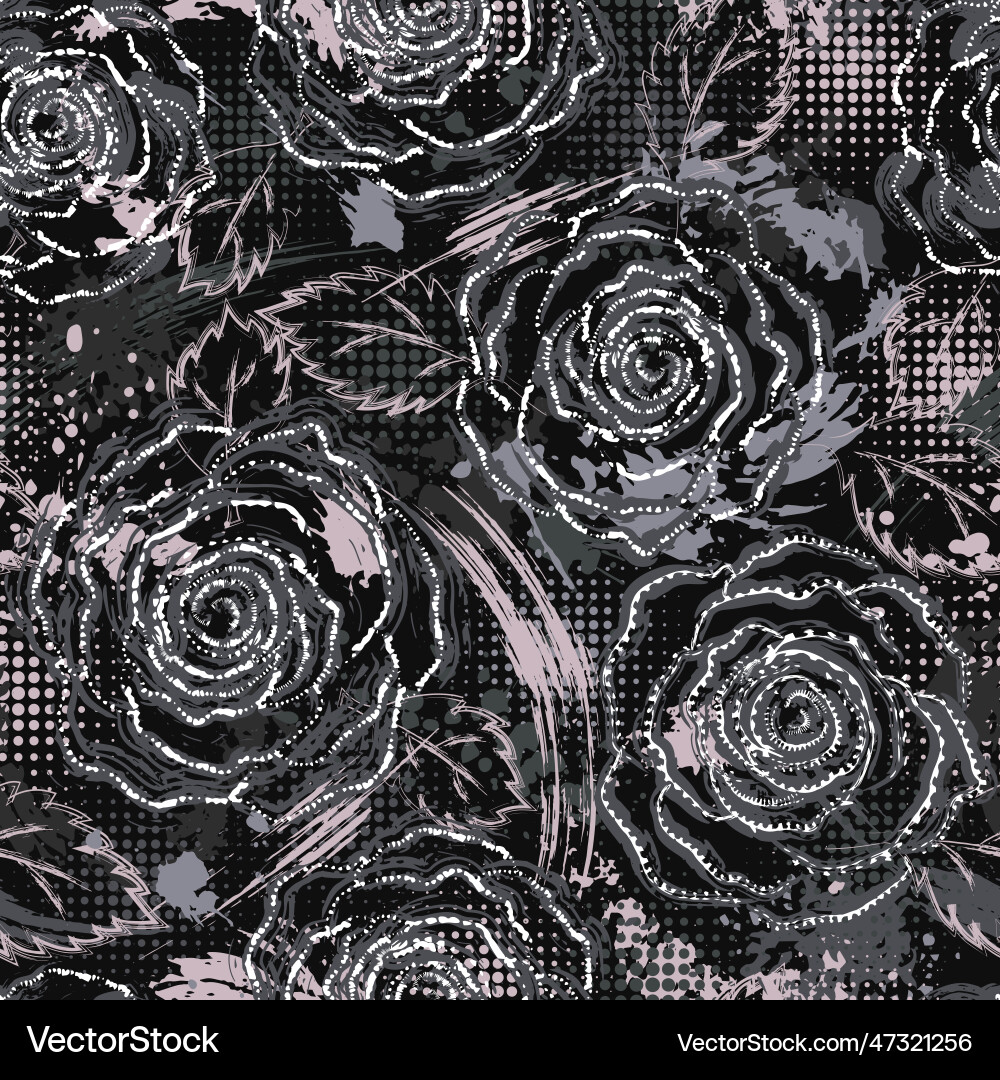 Gray camo pattern with roses splattered paint Vector Image