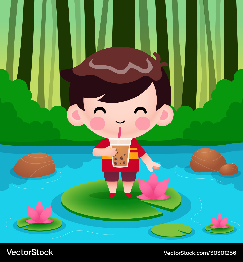 Little boy standing drink bubble tea or pearl tea Vector Image