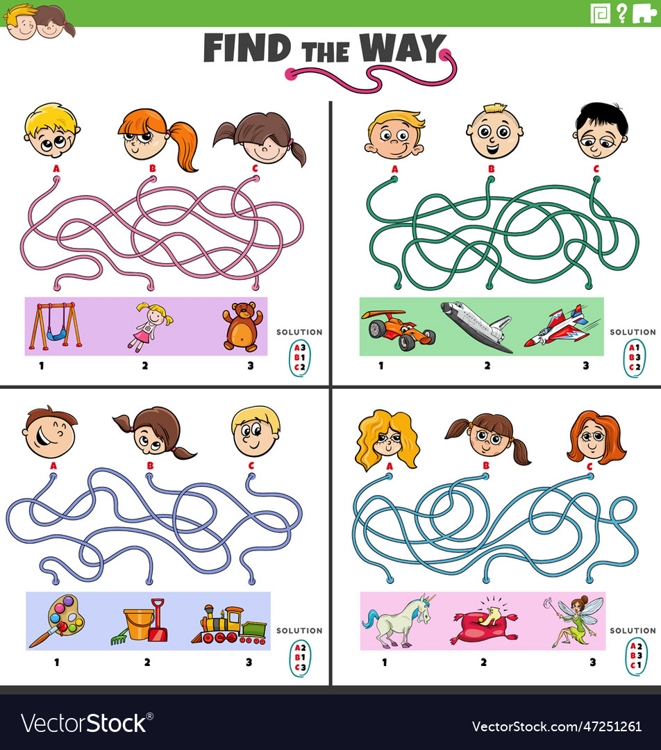 Find the way maze games set with cartoon children Vector Image