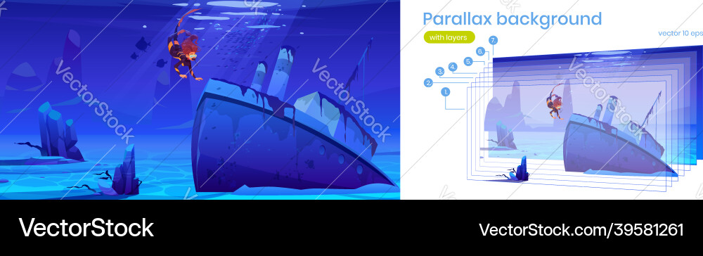 Parallax background with diver and sunken ship Vector Image