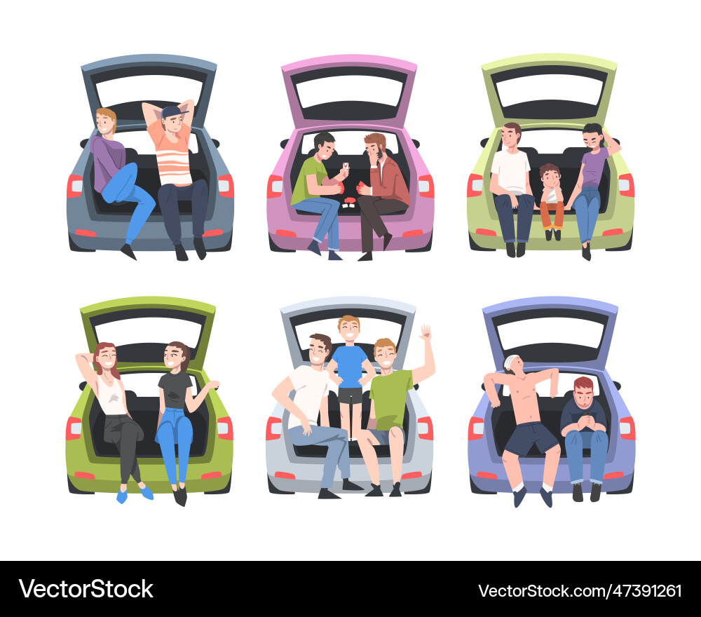 People characters sitting in car trunk taking Vector Image