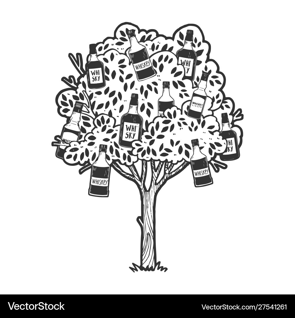 Whiskey bottles on tree sketch engraving Vector Image