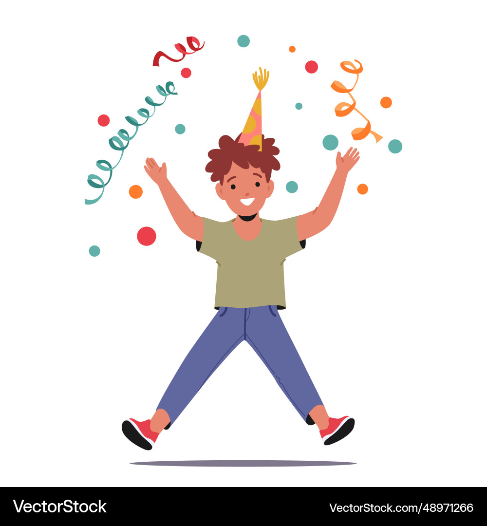 Little boy character in hat gleefully jumping Vector Image