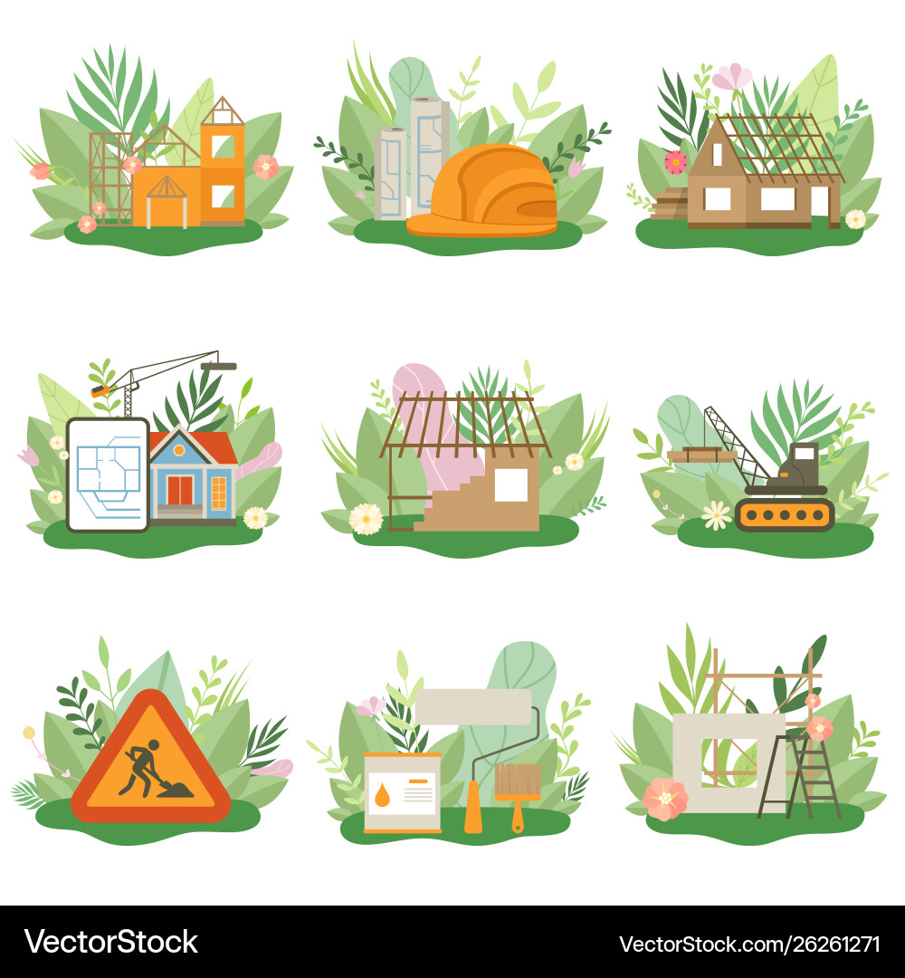 Construction process set houses cottages under Vector Image