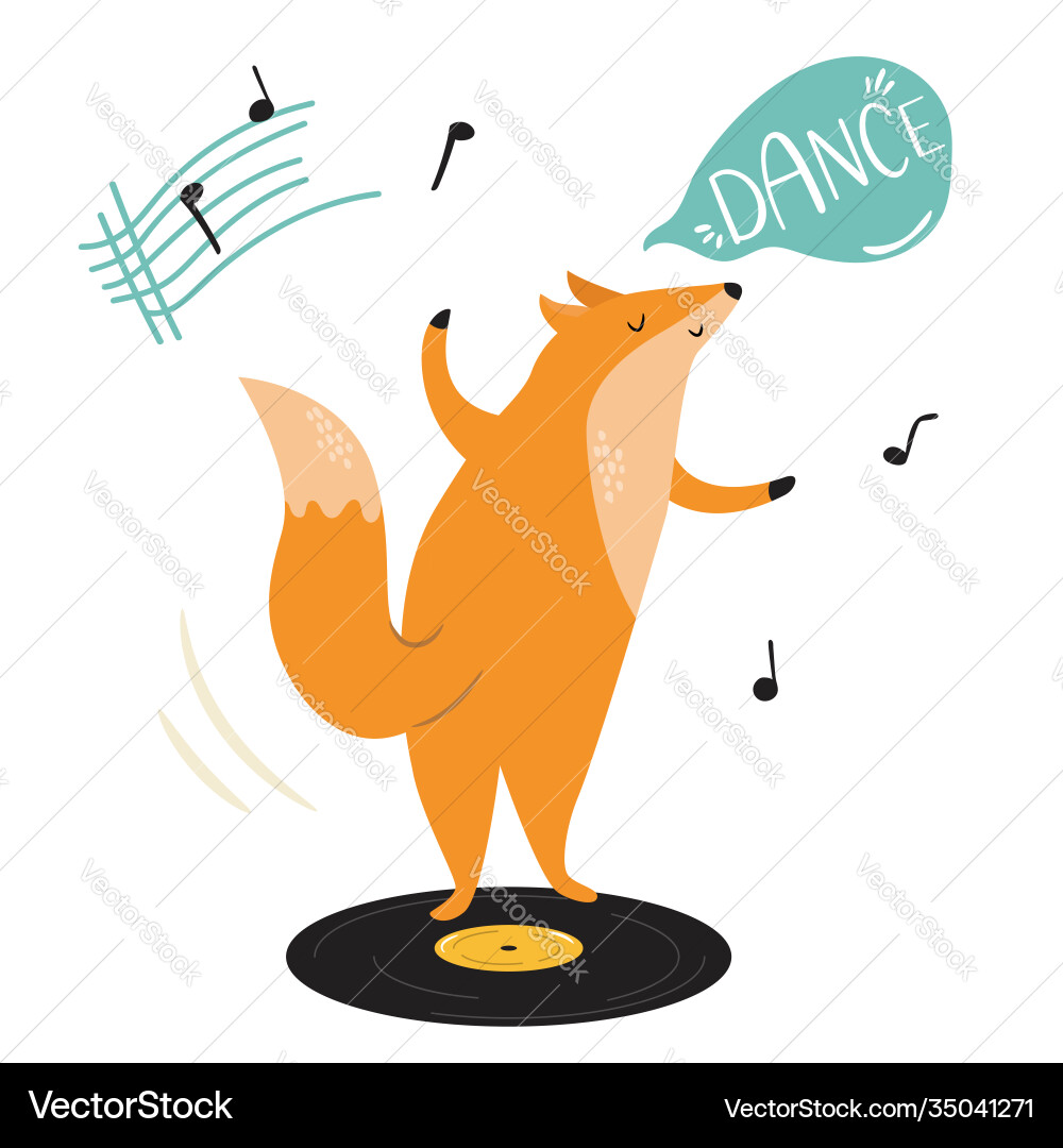 Funny a fox dancing on vinyl Royalty Free Vector Image