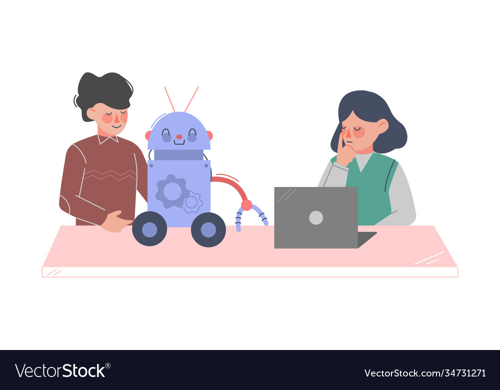 School students characters programming robot boy Vector Image