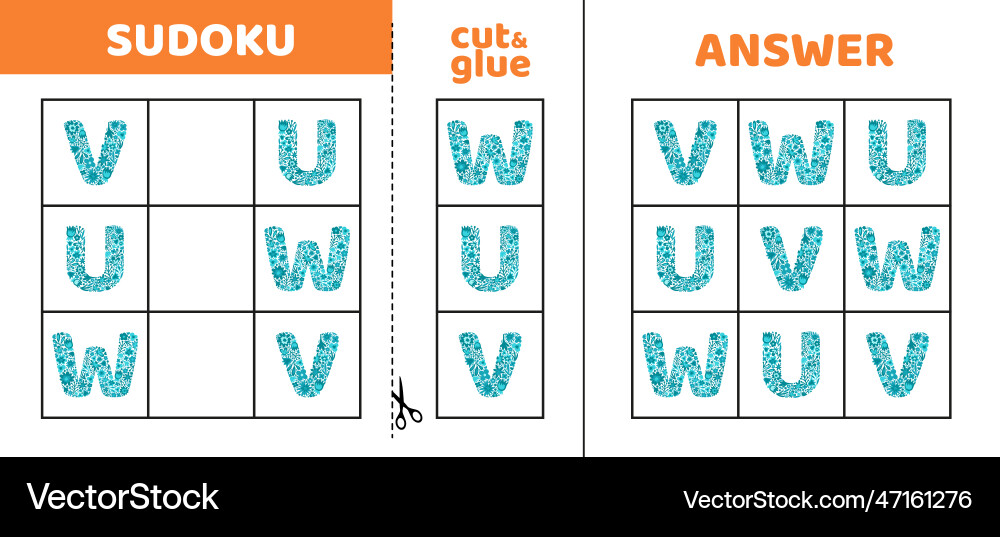 Easy sudoku with three blue letters u v w game Vector Image
