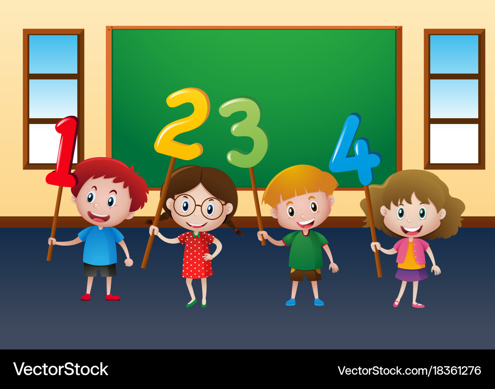 Happy children and numbers in classroom Royalty Free Vector