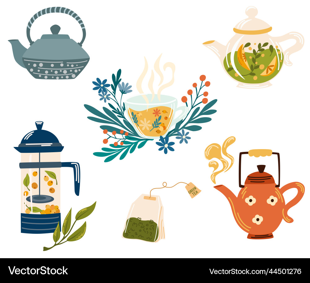 Herbal tea set mug with berries and leaves Vector Image