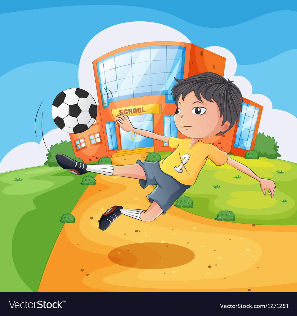 A soccer player in front of the school building Vector Image