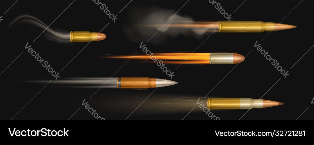 Flying bullets with fire and smoke traces set Vector Image
