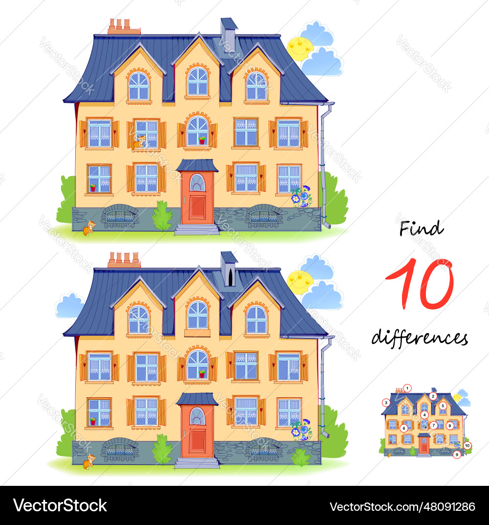 Find 10 differences of a cute house with windows Vector Image