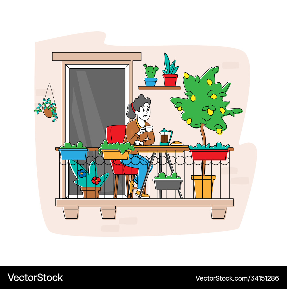 Relaxed female character sitting in comfortable Vector Image