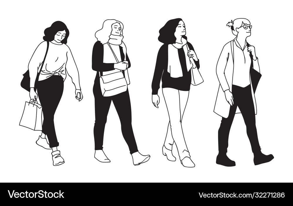 Set women walking concept monochrome Royalty Free Vector