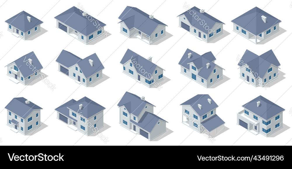 Isometric big set of low villas various types Vector Image