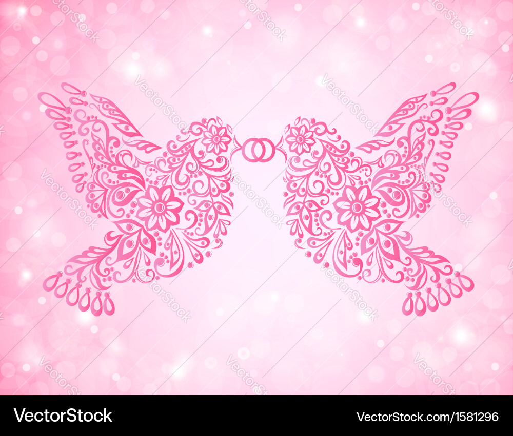 Two birds have a ring in its beak wedding card Vector Image