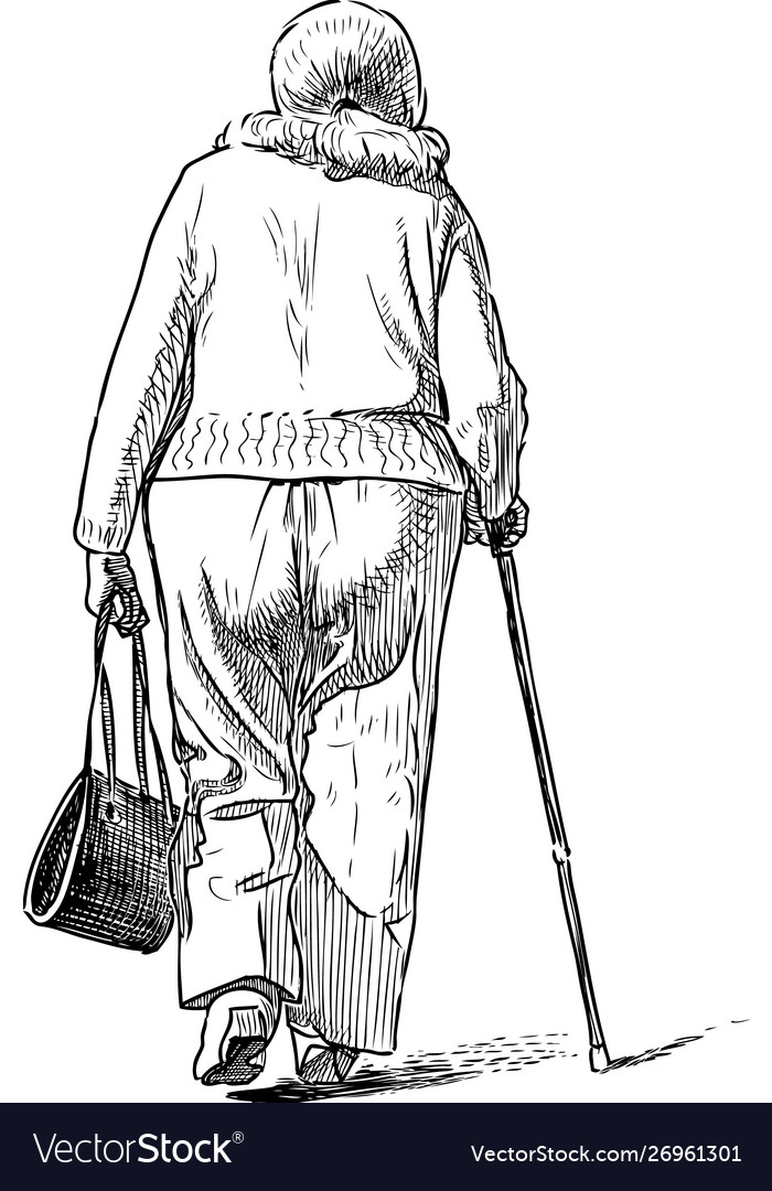 A Sketch An Elderly Woman Going On A Walk Vector Image