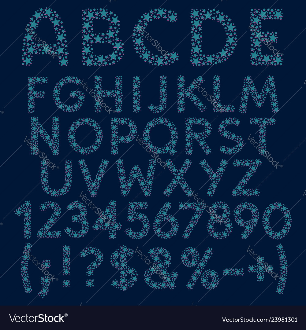 Alphabet numbers of blue stars circles Royalty Free Vector