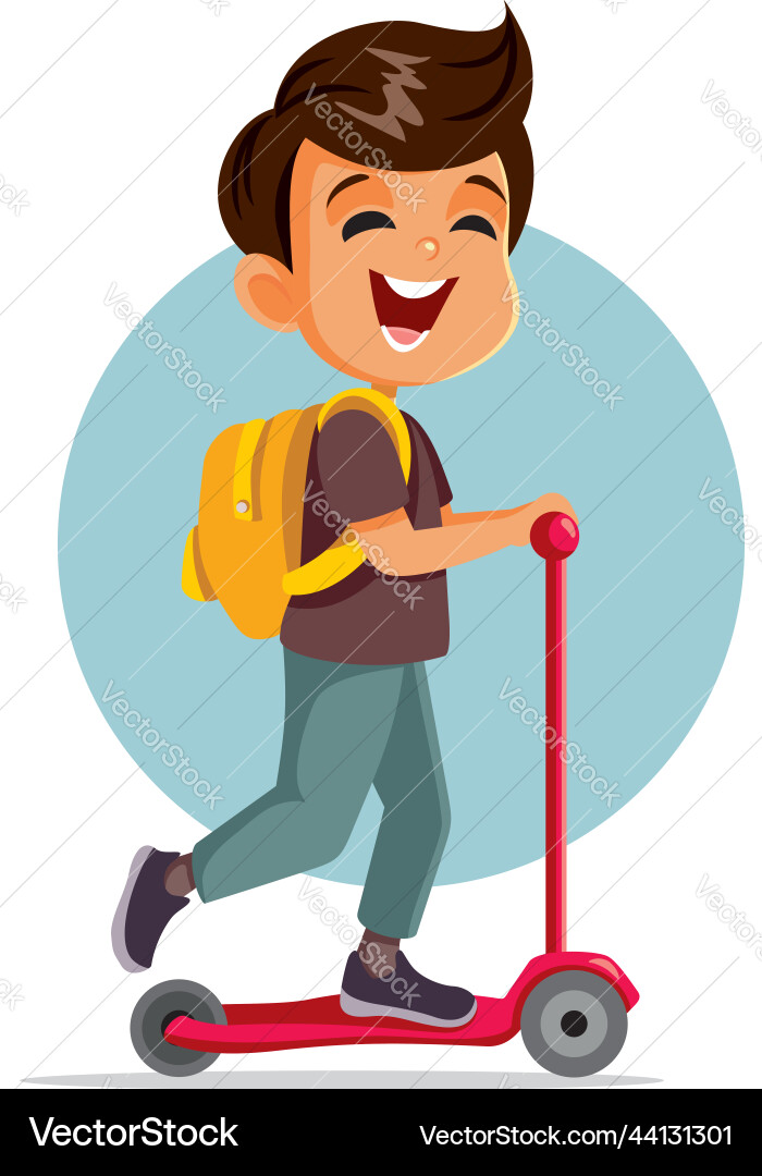 Cheerful boy going to school on a scooter Vector Image