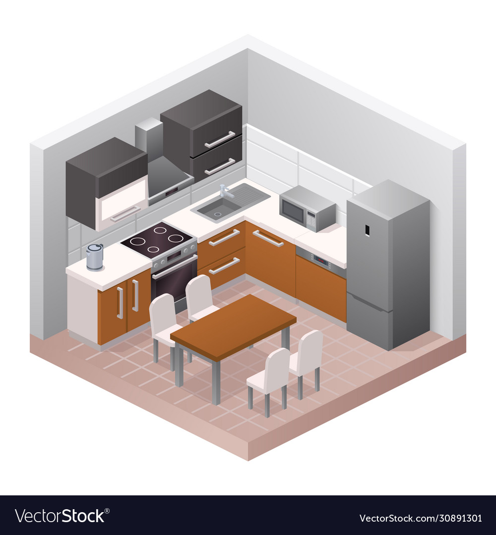 Realistic isometric kitchen Royalty Free Vector Image