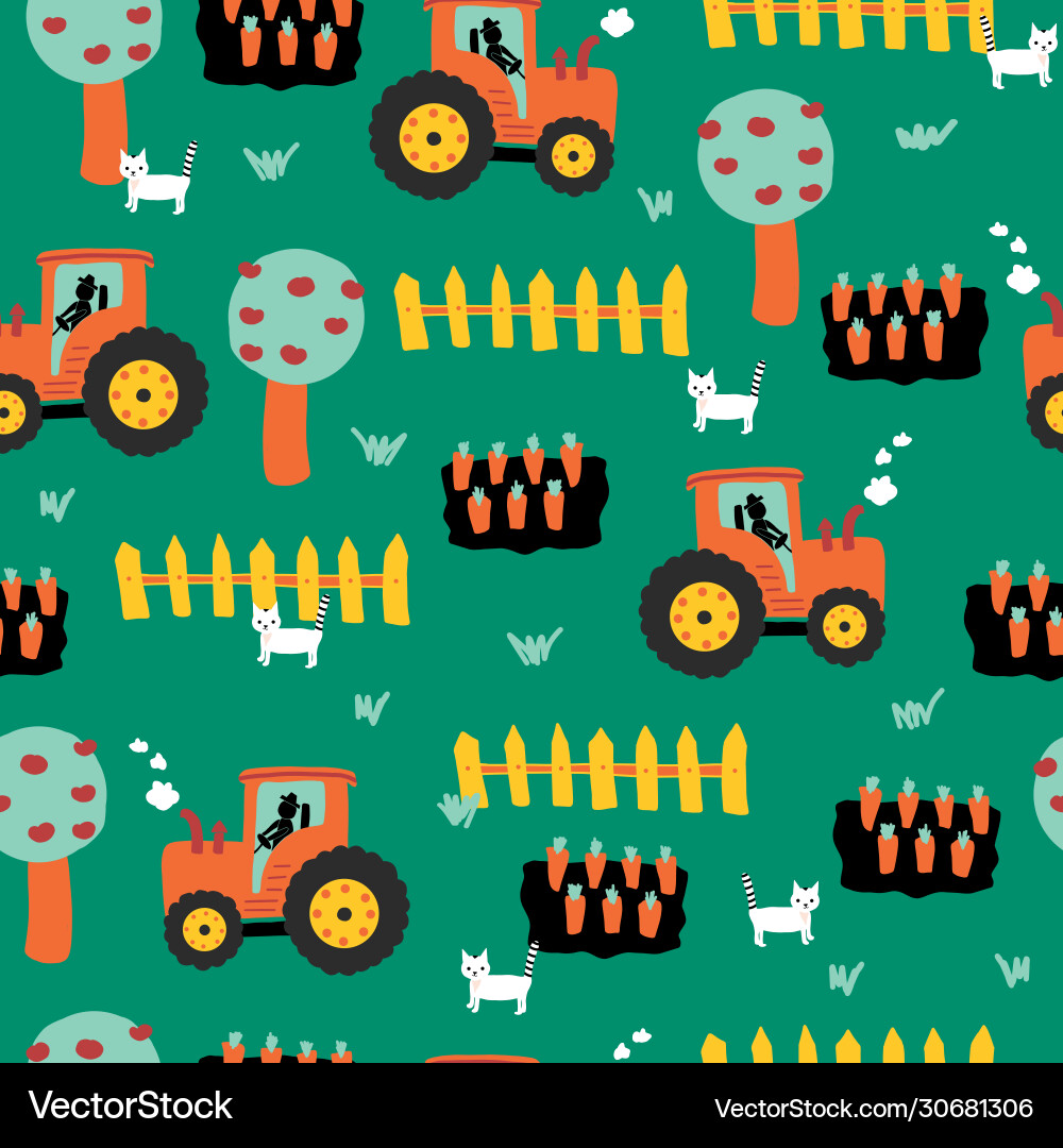Cute farm pattern with tractors carrots fence Vector Image