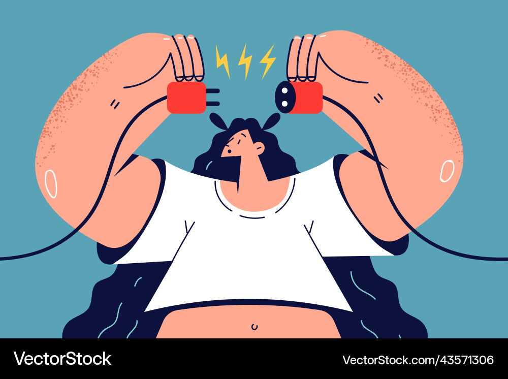 Woman connect electric plug into pocket Royalty Free Vector