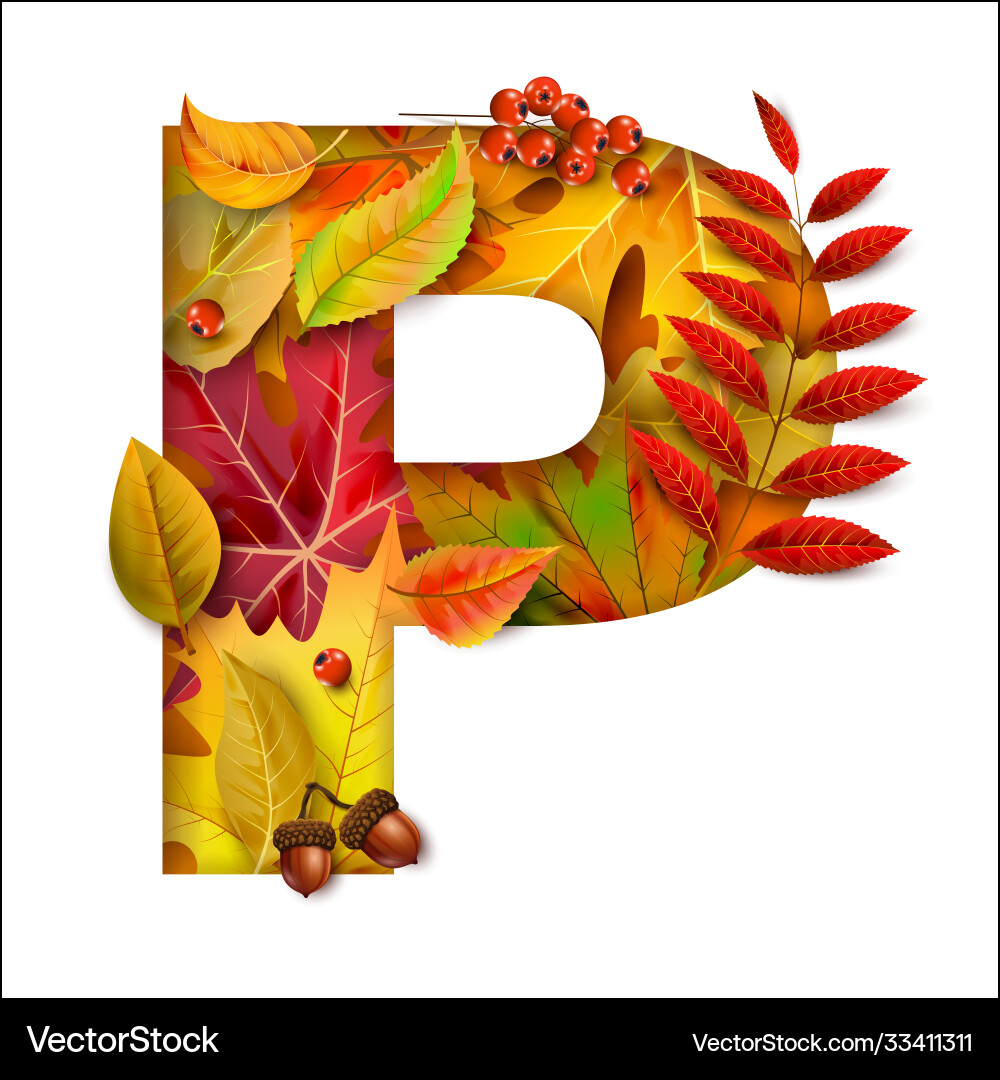 Autumn stylized alphabet with foliage letter p Vector Image