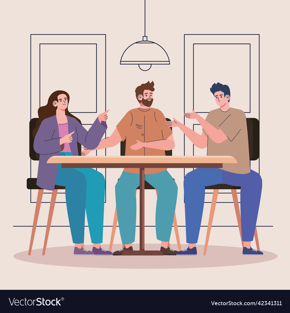 Three persons talking in table Royalty Free Vector Image
