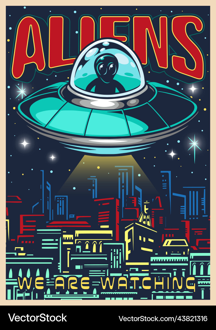 Aliens watching flyer vintage colorful Royalty Free Vector