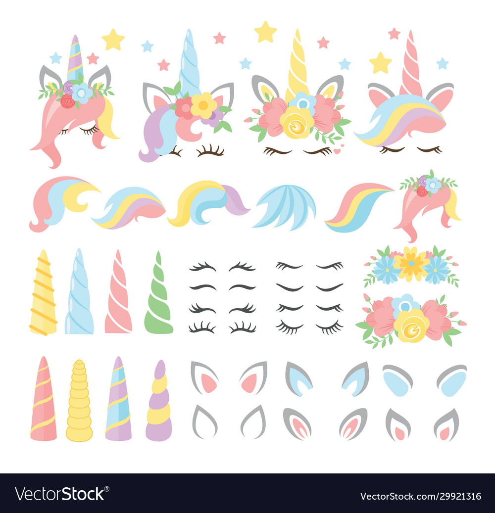 Unicorn elements flat set Royalty Free Vector Image