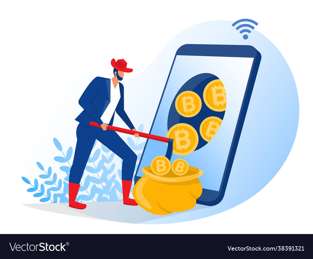 Businessman dig bitcoin coins out laptop Vector Image Businessman dig bitcoin coins out laptop Vector Image