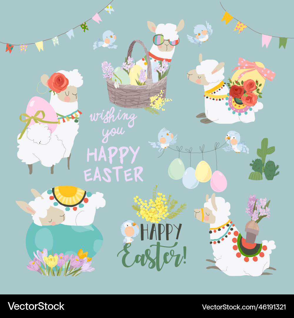 Cute cartoon easter set with alpacas Royalty Free Vector
