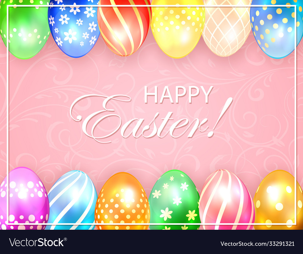Pink easter background with colored eggs Vector Image