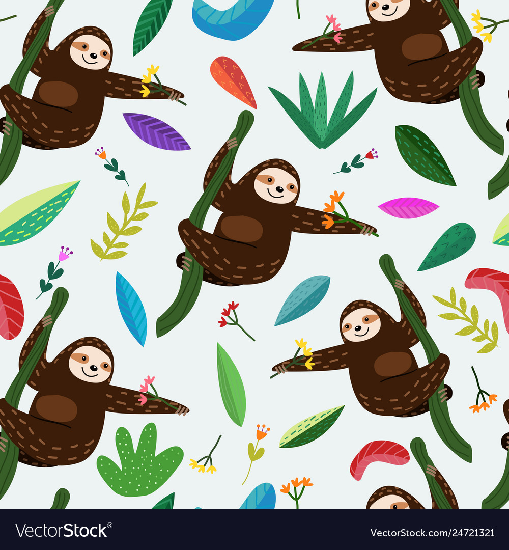 Seamless pattern cute sloth with flower and leaf Vector Image