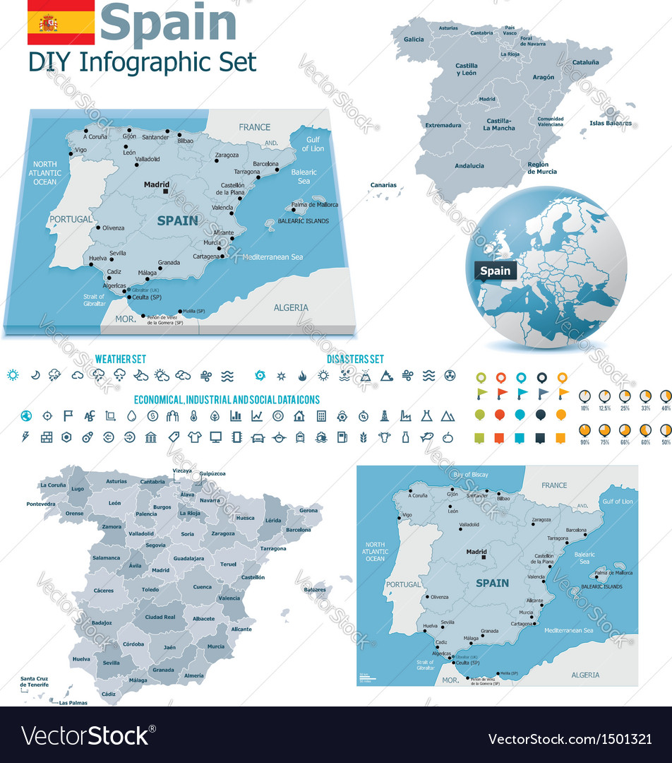 Spain maps with markers Royalty Free Vector Image
