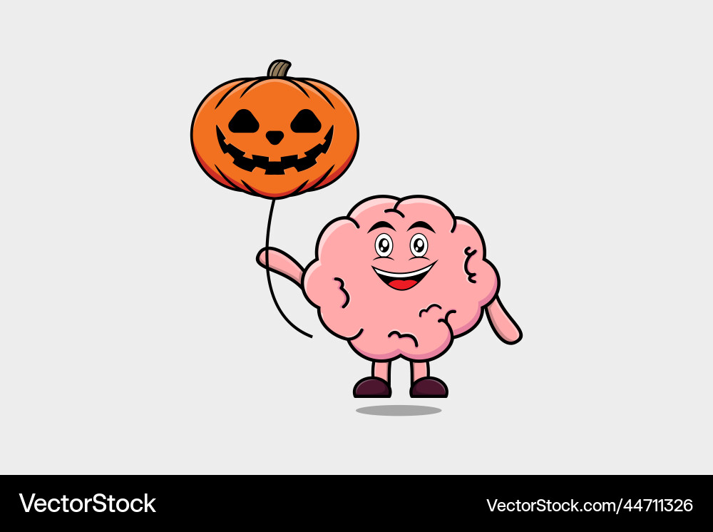 Cute cartoon brain floating with pumpkin halloween