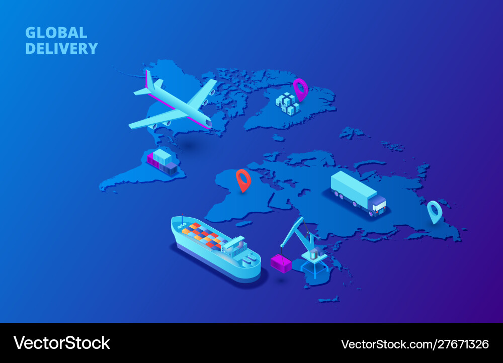Global delivery concept with map plane and tanker Vector Image