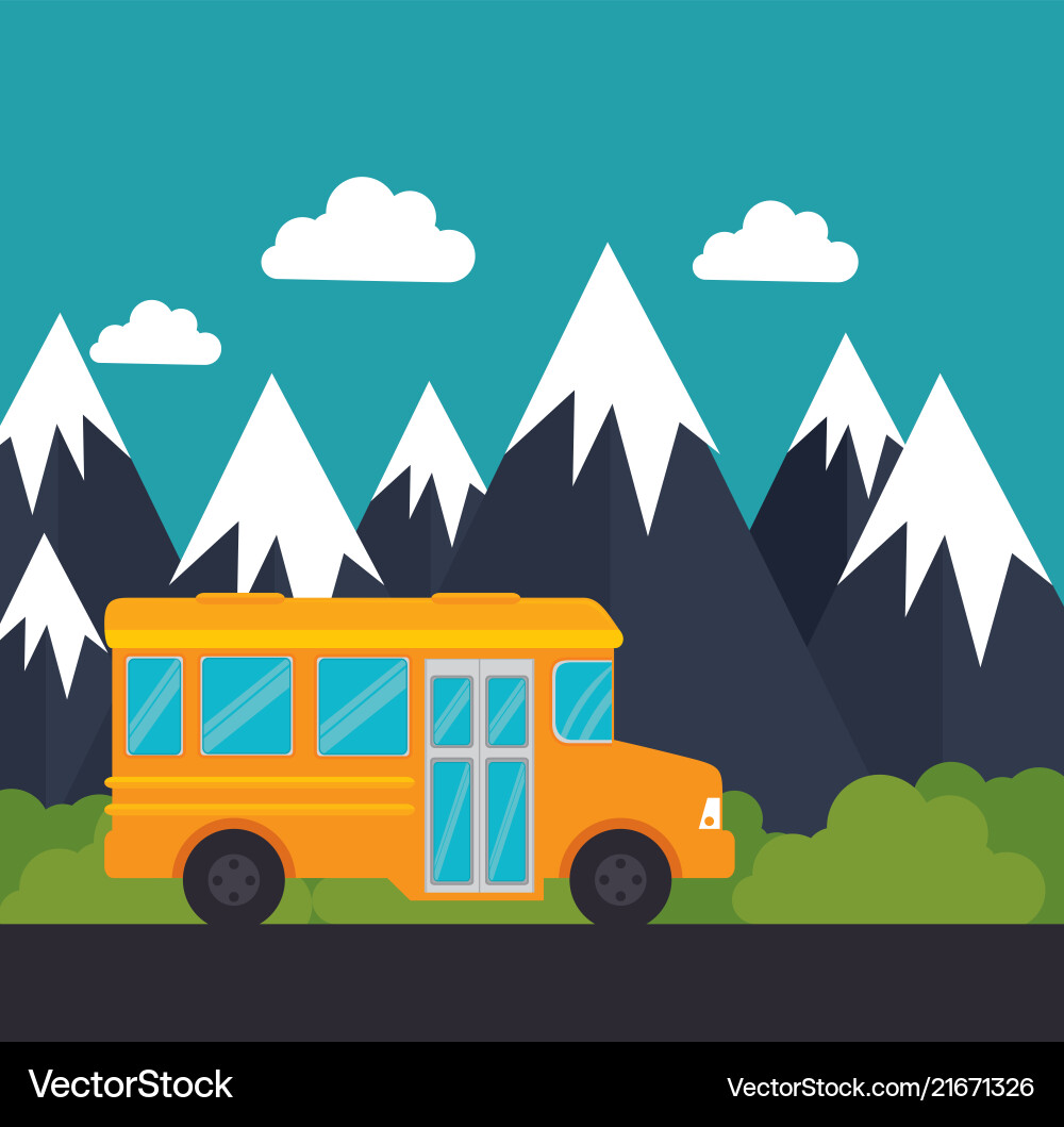 School bus snow mountain landscape Royalty Free Vector Image