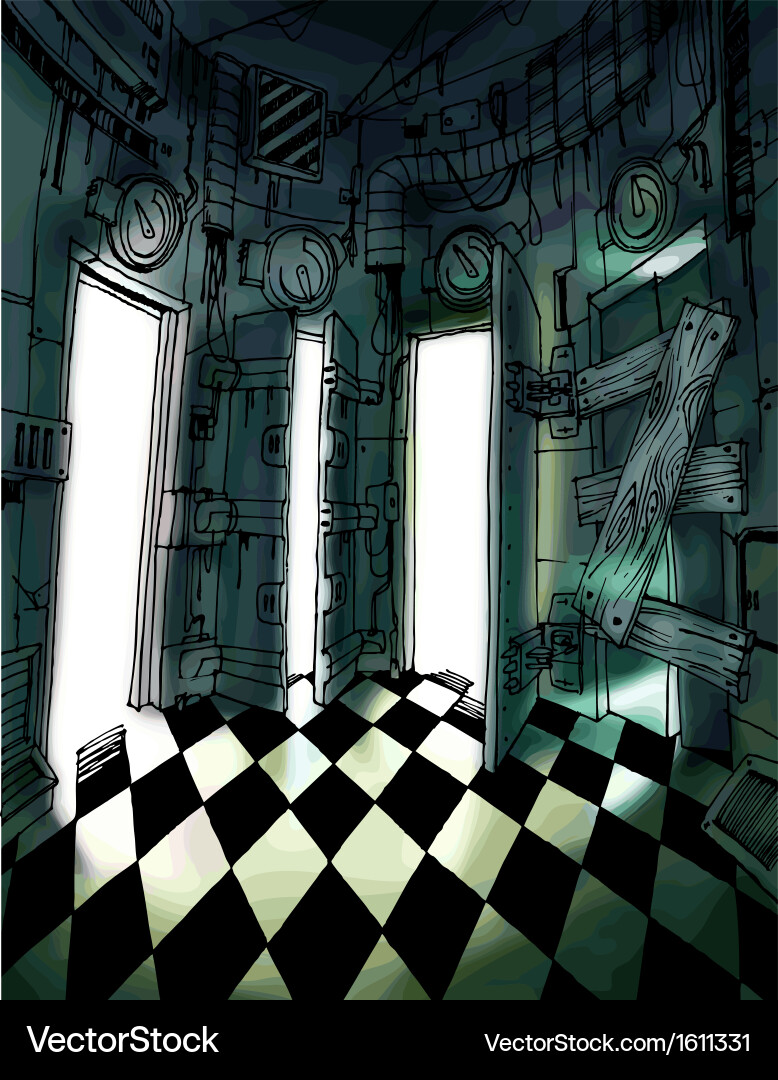 Dark Room with Many Doors Royalty Free Vector Image