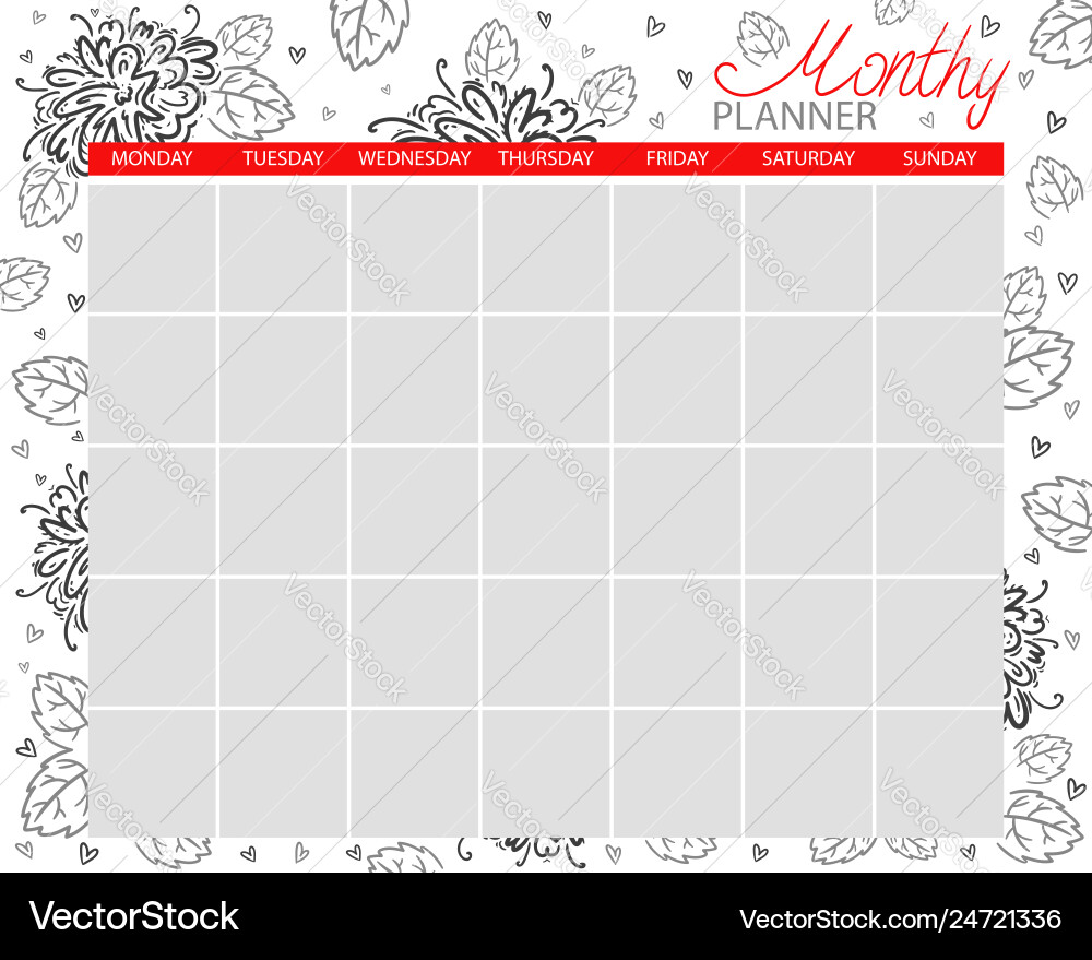 Monthly planner calendar for the month Royalty Free Vector