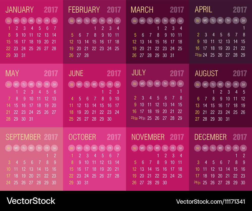 Calendar 2017 year week starts from sunday Vector Image