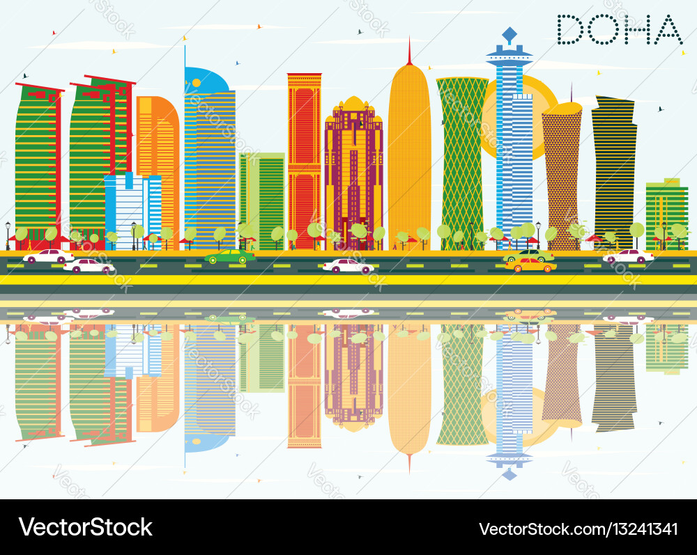 Doha skyline with color buildings blue sky Vector Image