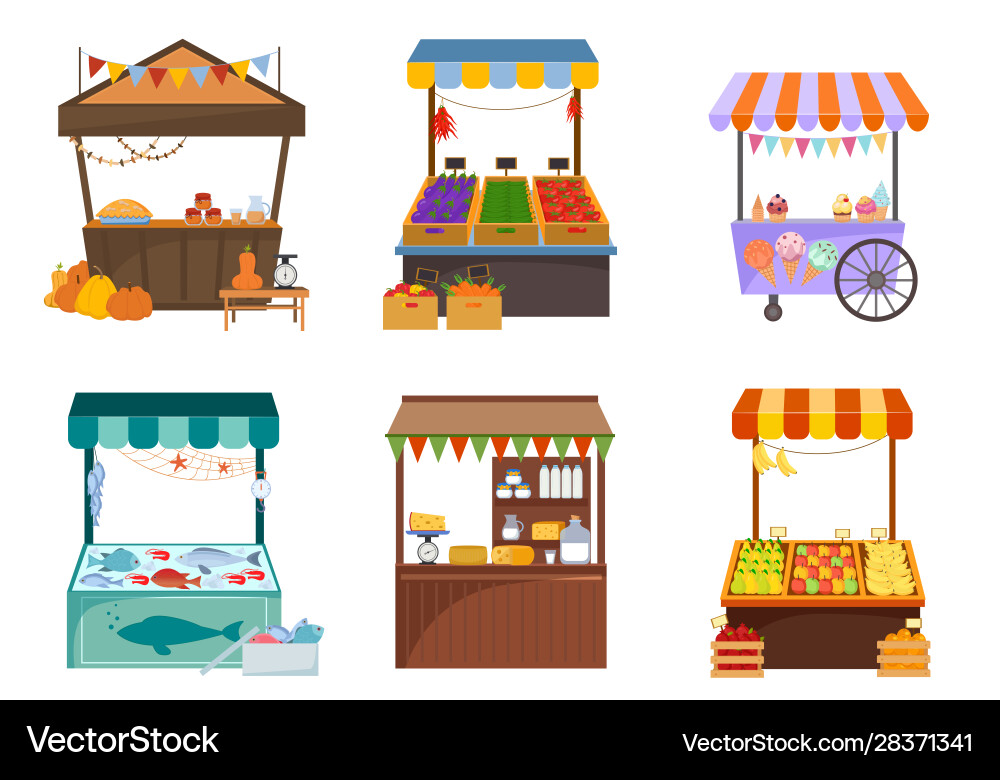 Local markets with foodstuffs flat Royalty Free Vector Image